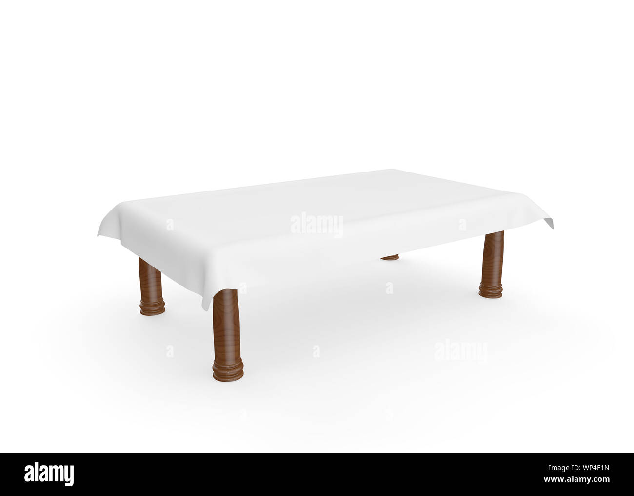 A rectangular wooden table with a white tablecloth. There is room for ...