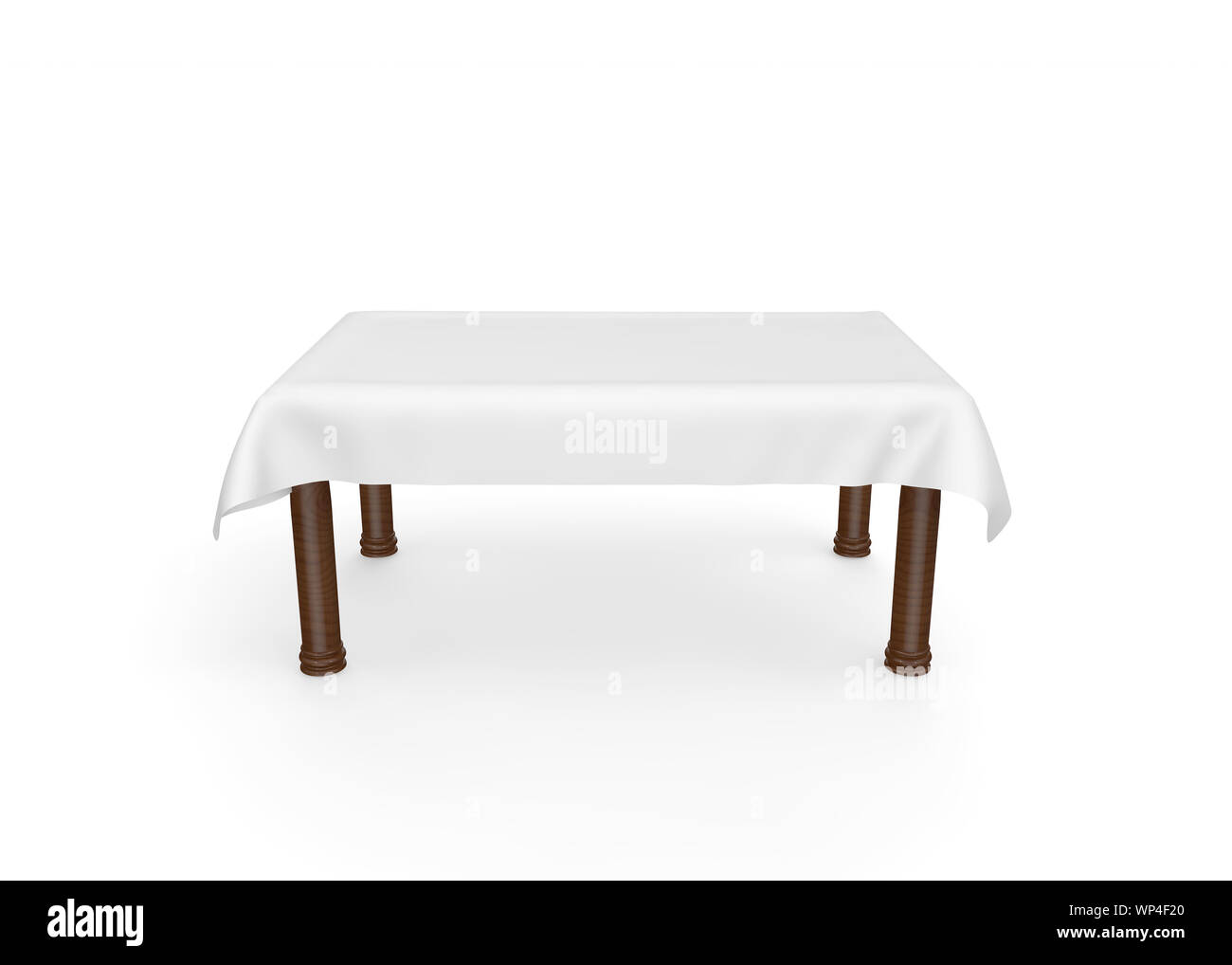 A rectangular wooden table with a white tablecloth. There is room for ...