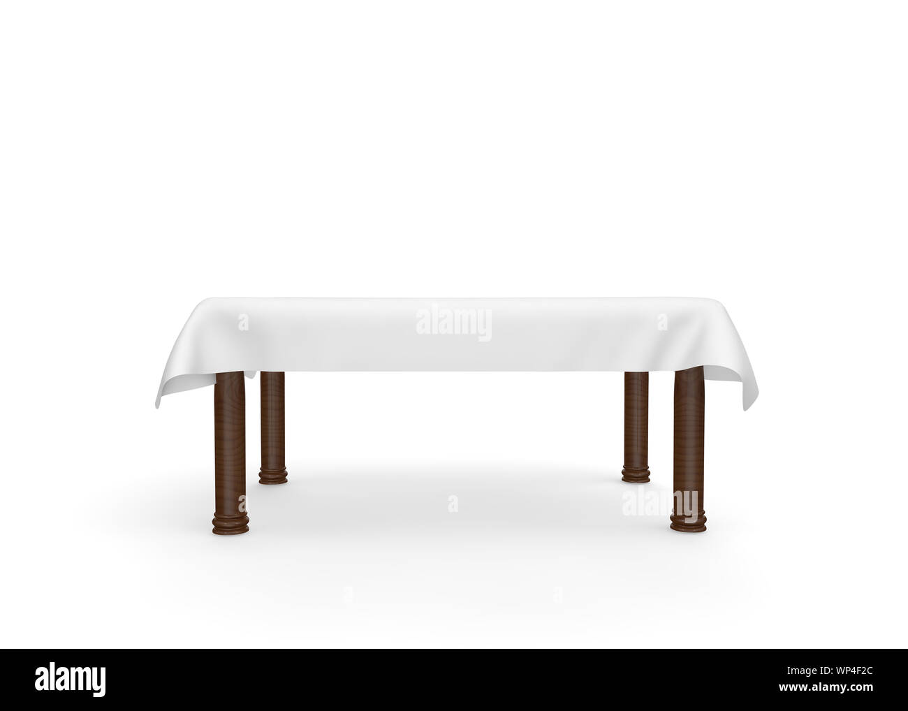 A rectangular wooden table with a white tablecloth. There is room for ...