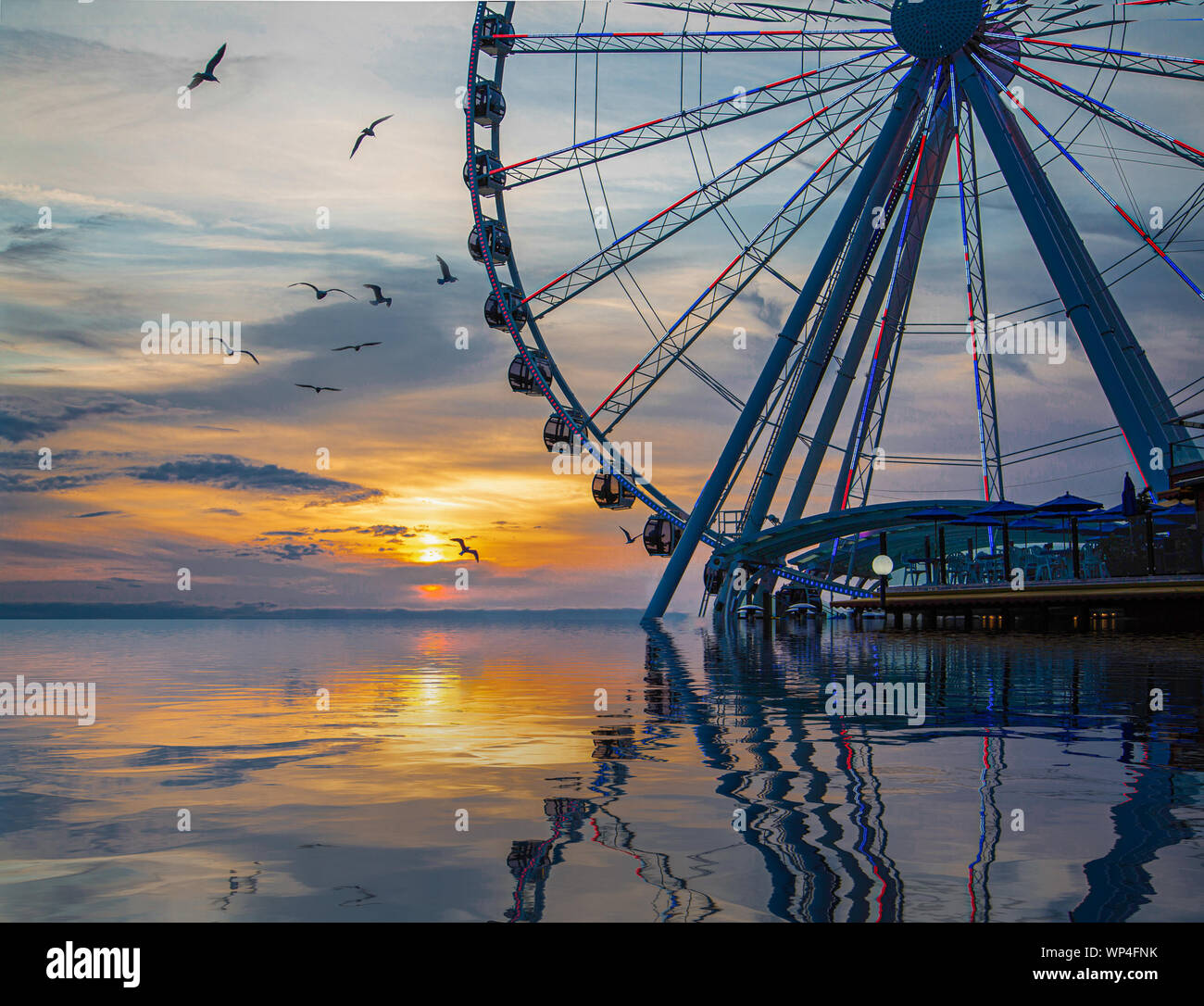 The ferris wheel on the waterfront of Seattle, Washington in late ...