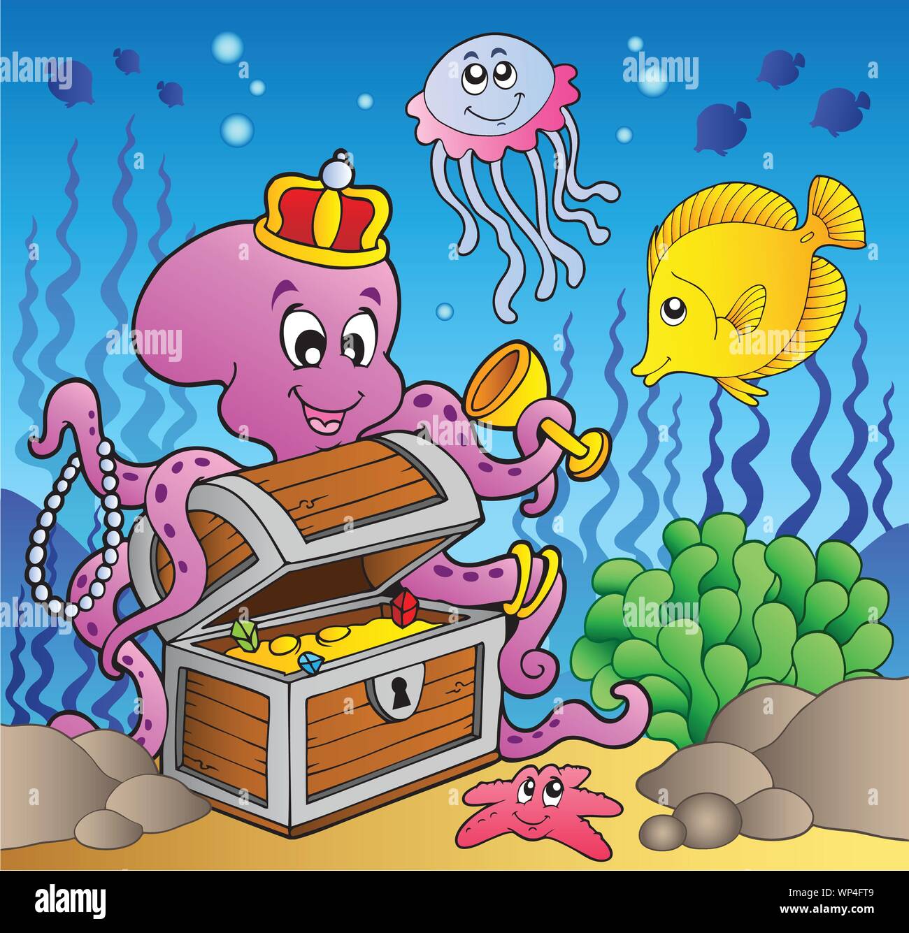 Cartoon octopus on treasure chest Stock Vector Image & Art - Alamy