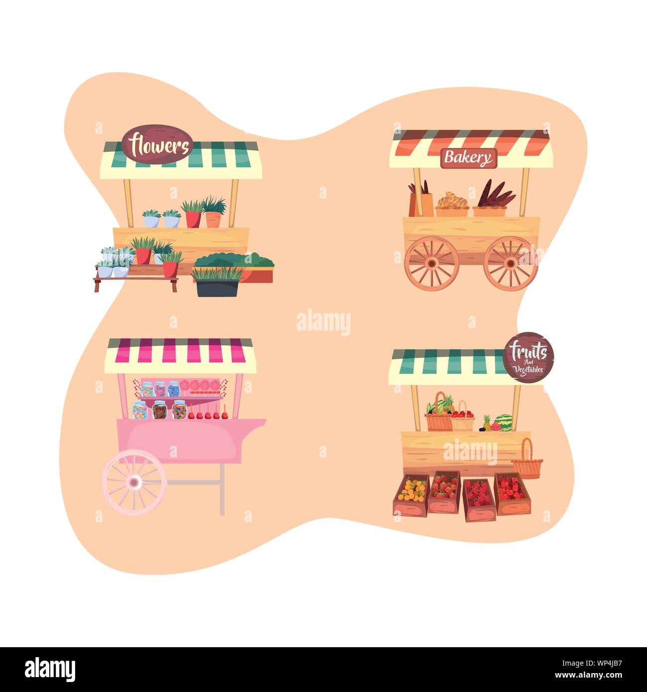 set of booth street market commerce flat design vector illustration ...