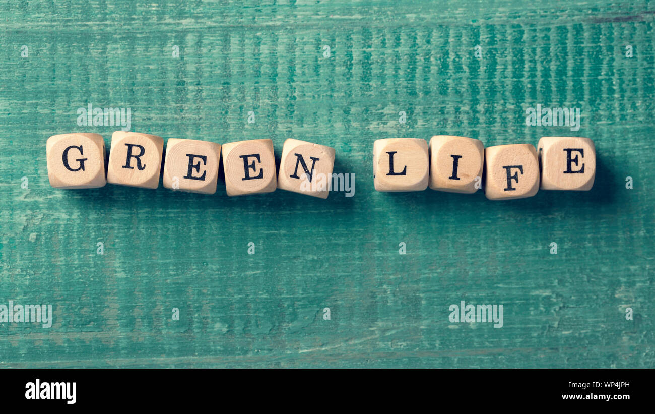 Letter cubes with word green life. Environment concept Stock Photo - Alamy