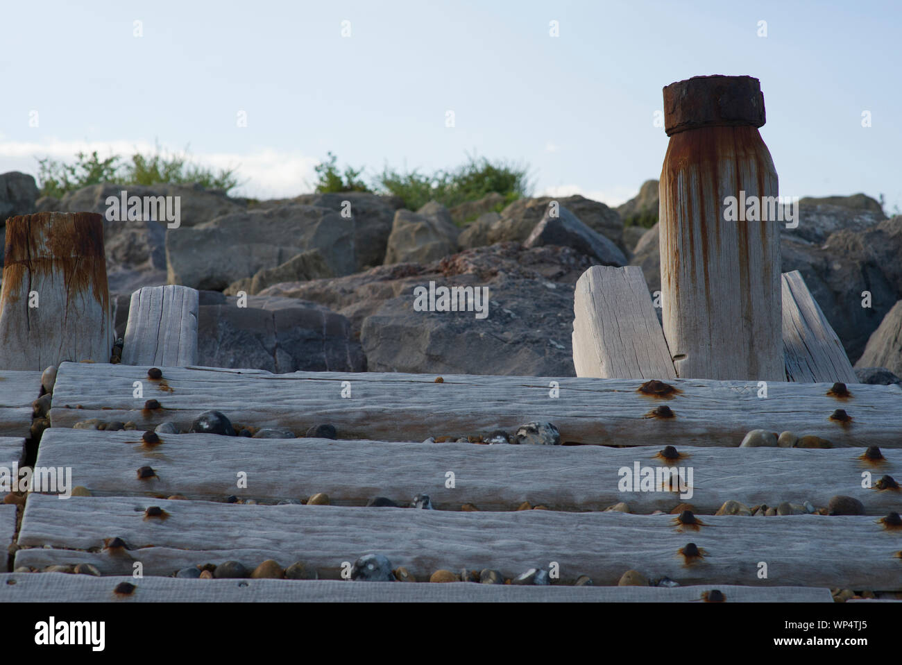 Sea defences on the beach in Hythe Kent Stock Photo - Alamy