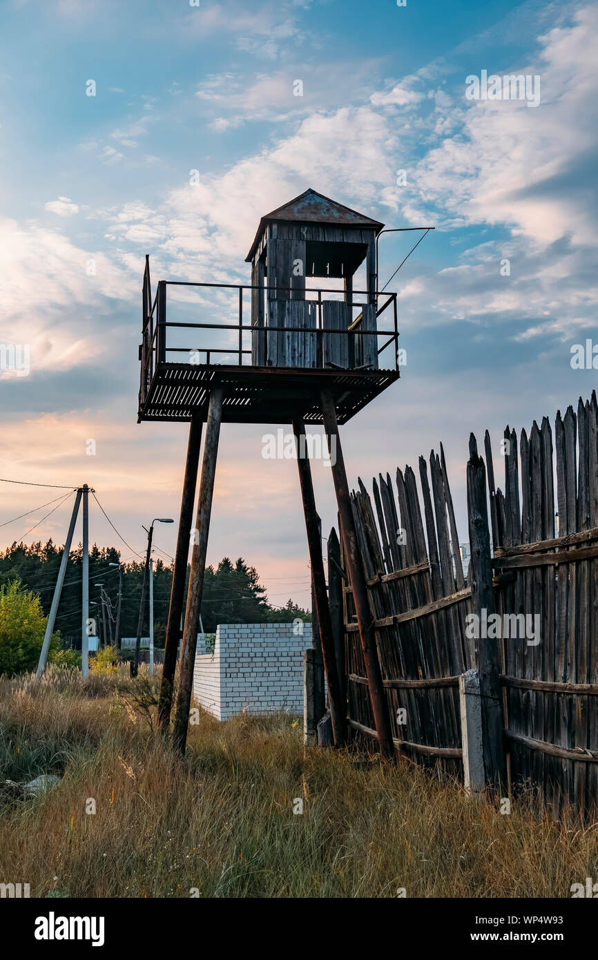 Old observation tower in abandoned Soviet Russian prison complex Stock ...