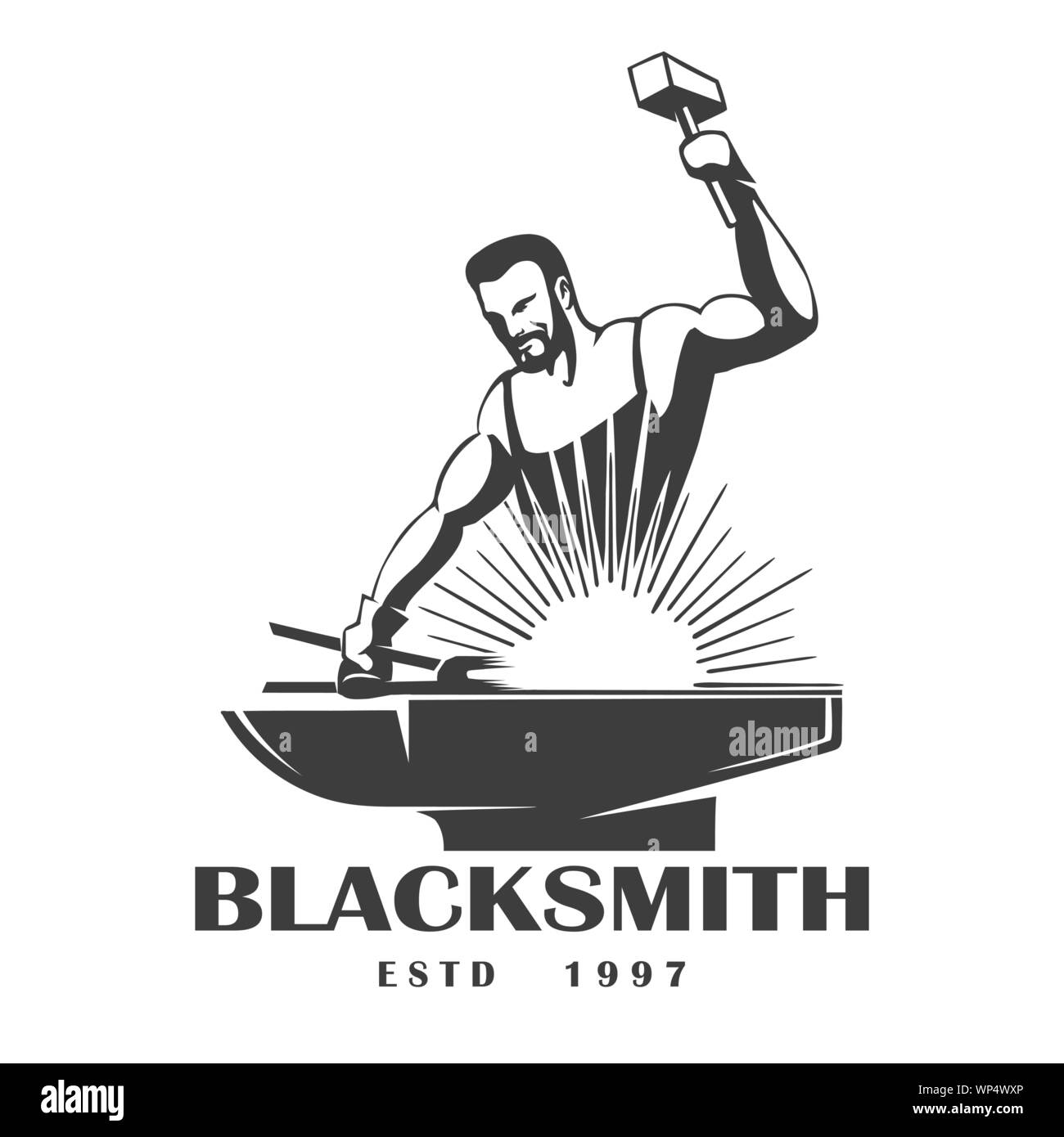 Blacksmith worker forging iron solated white background drawn in ...