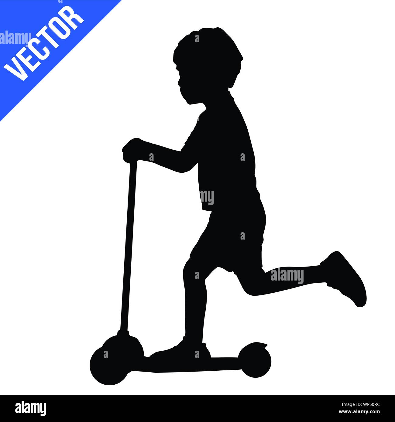 Boy silhouette riding scooter on white background, vector illustration ...