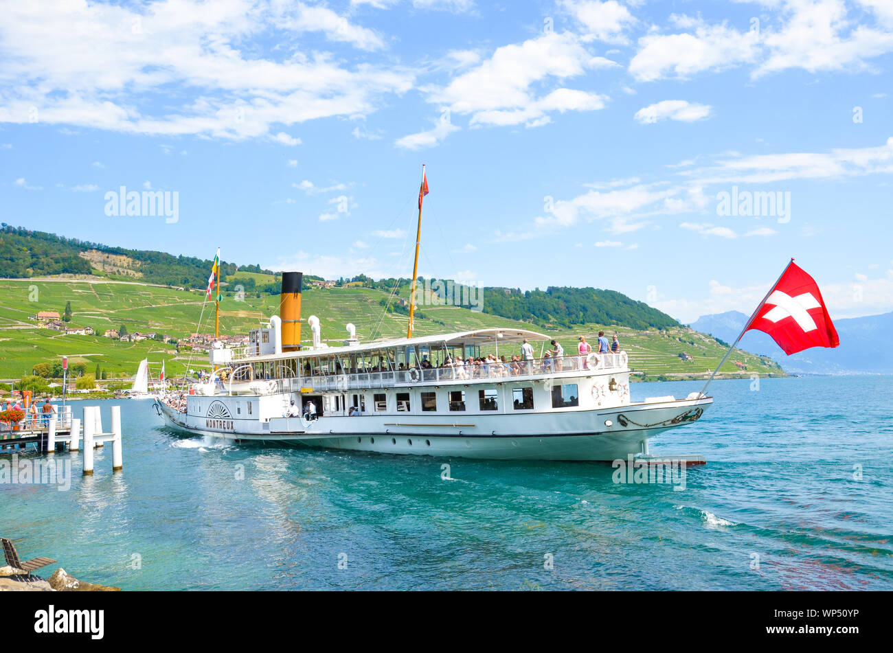 Cully, Switzerland - August 11, 2019: Tourist boat with passengers on ...