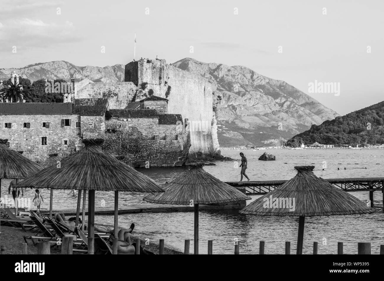 Budva bay. The view at the medieval citadel. Panoramic view. Medieval ...