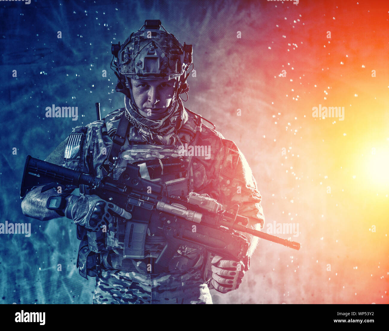Soldier aiming service rifle under rain at night Stock Photo - Alamy