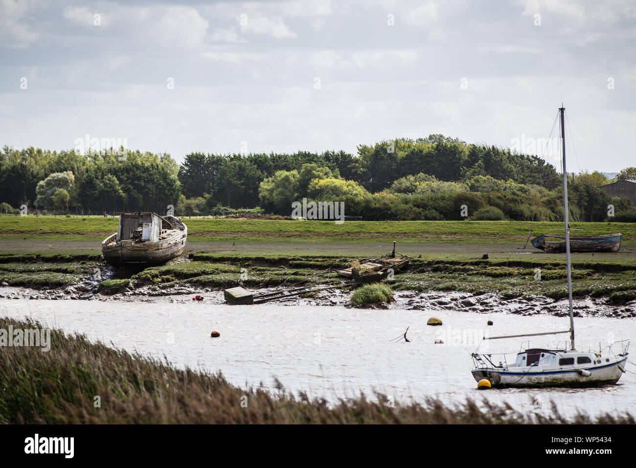 Shipwreck and Boat at Burnham on Sea Marina, Somerset UK Stock Photo ...
