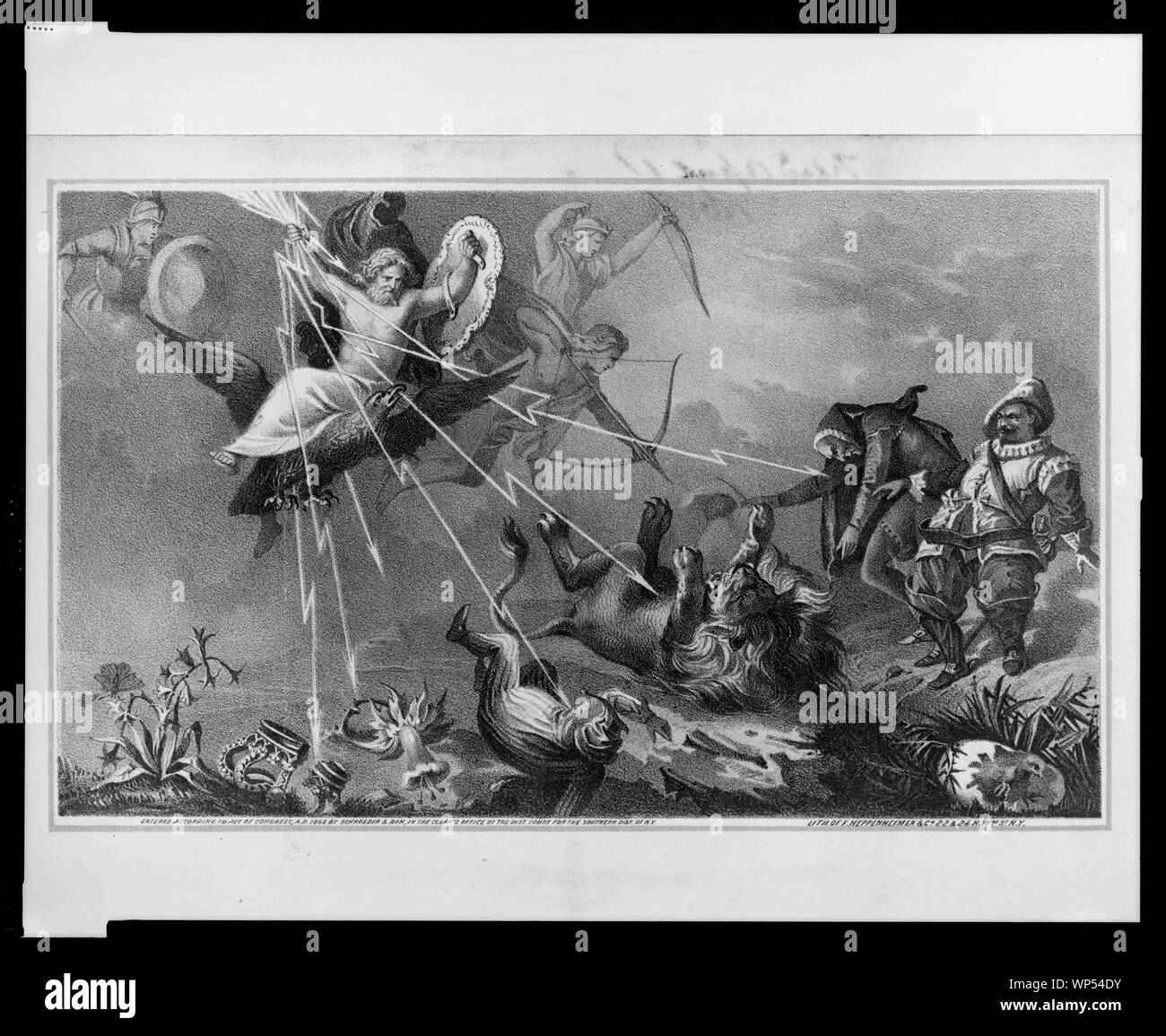 Jupiter, clutching thunderbolts and carrying a shield, descends to ...