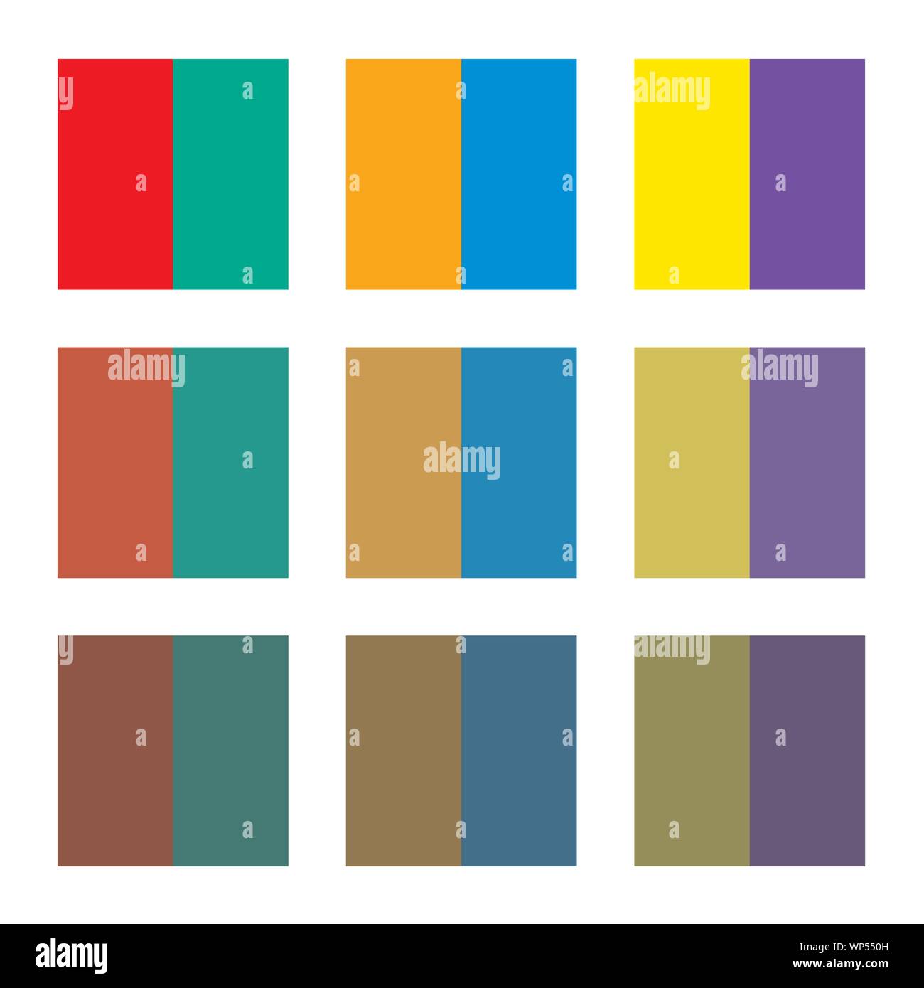 Six basic primary colors, their complementary colors and their shades ...