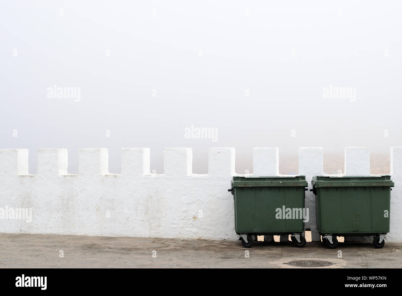 two green container garbage, trash and white wall Stock Photo - Alamy
