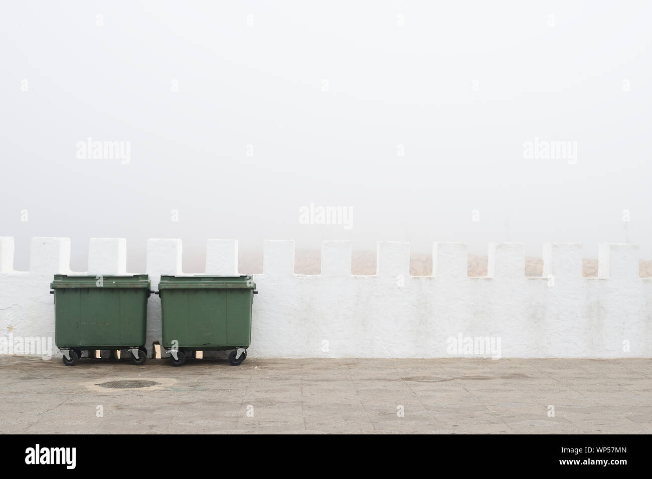two green container garbage, trash and white wall Stock Photo - Alamy