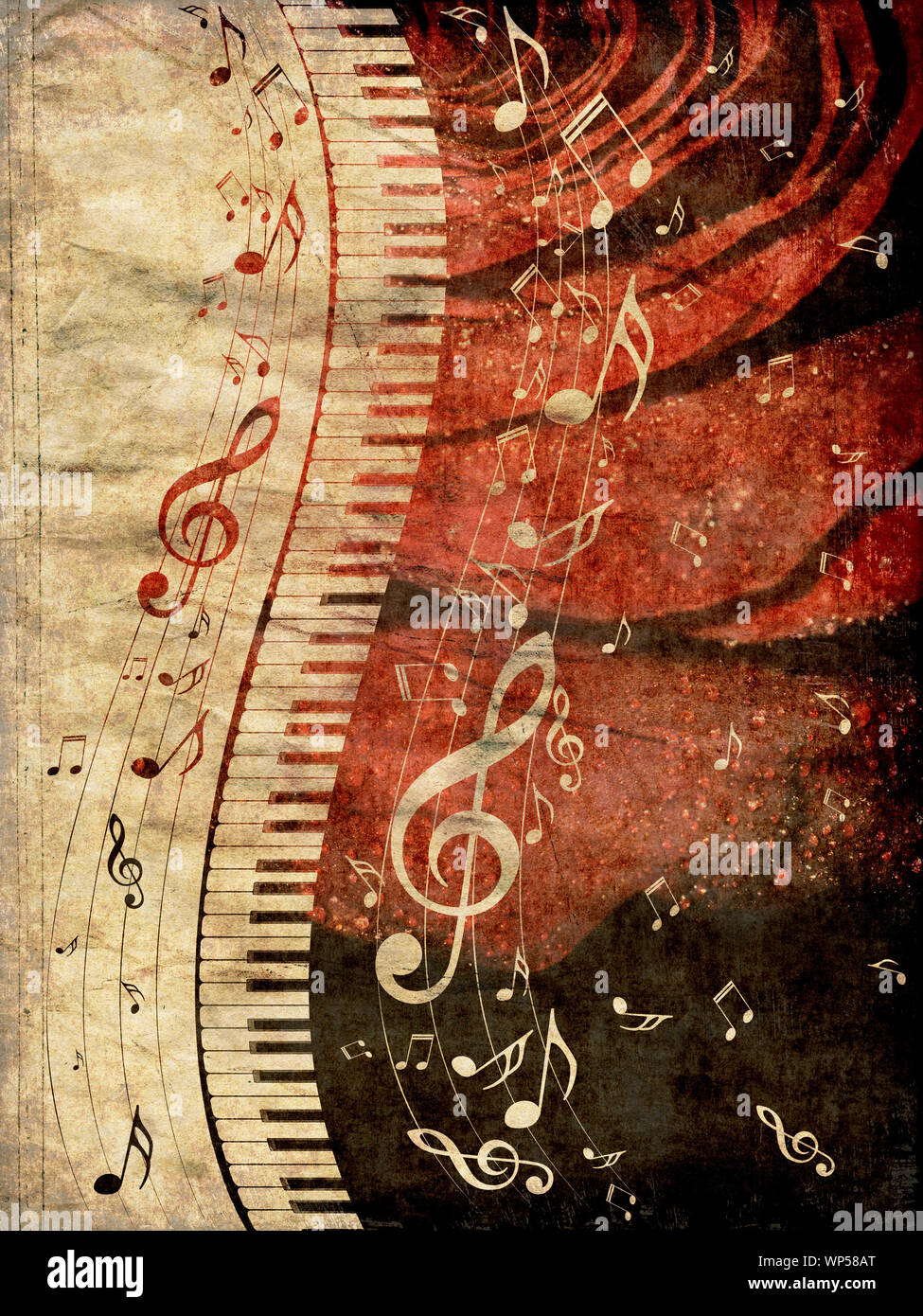 Abstract illustration of a piano keys with musical notes grunge ...