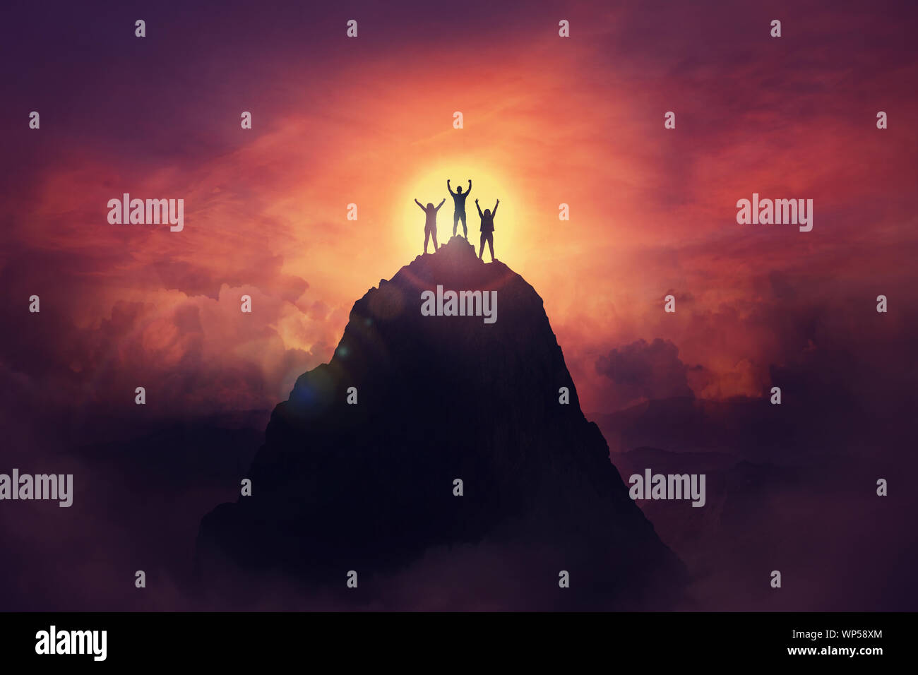 Together overcoming obstacles as a group of three people raising hands ...