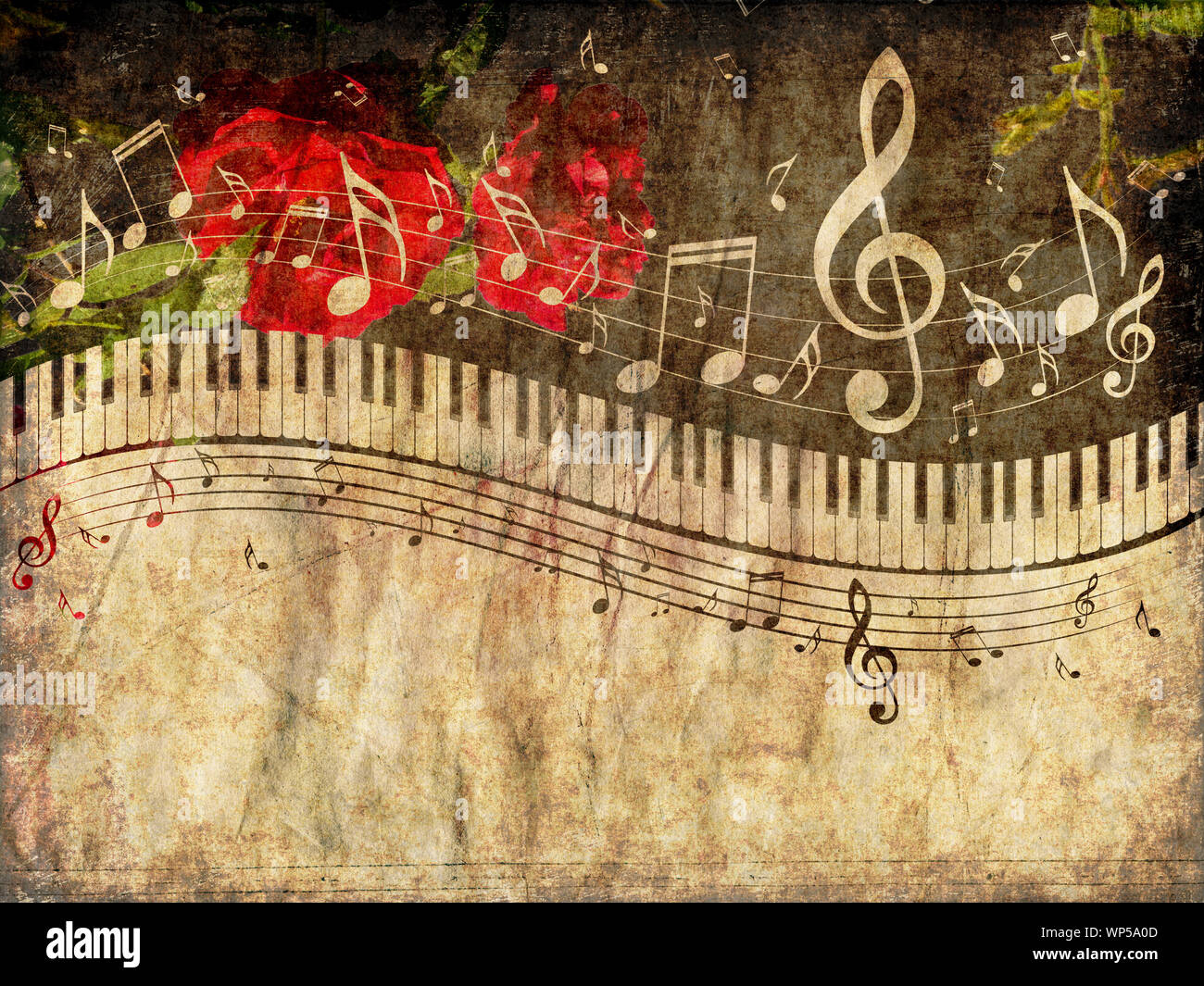 Abstract illustration of a piano keys with musical notes grunge ...