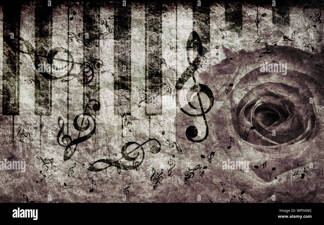 Vintage grunge background with rose and music notes Stock Photo - Alamy