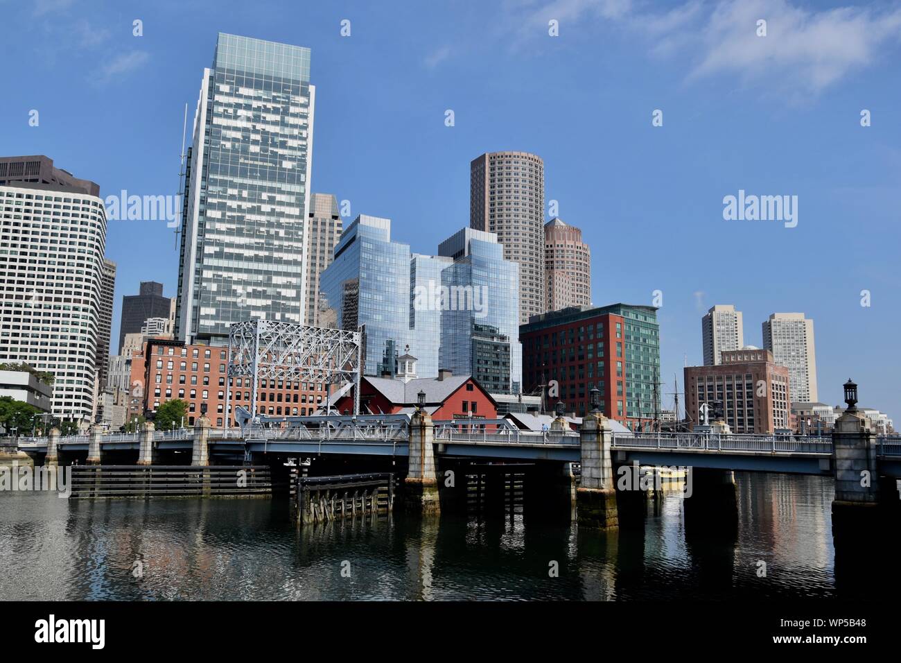 View of the downtown Boston skyline seen from across the the Fort Point ...
