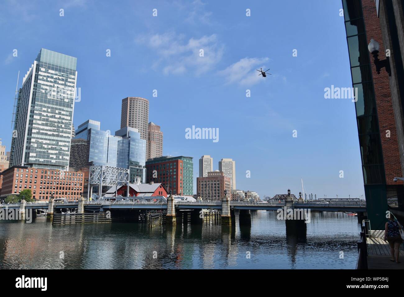 View of the downtown Boston skyline seen from across the the Fort Point ...