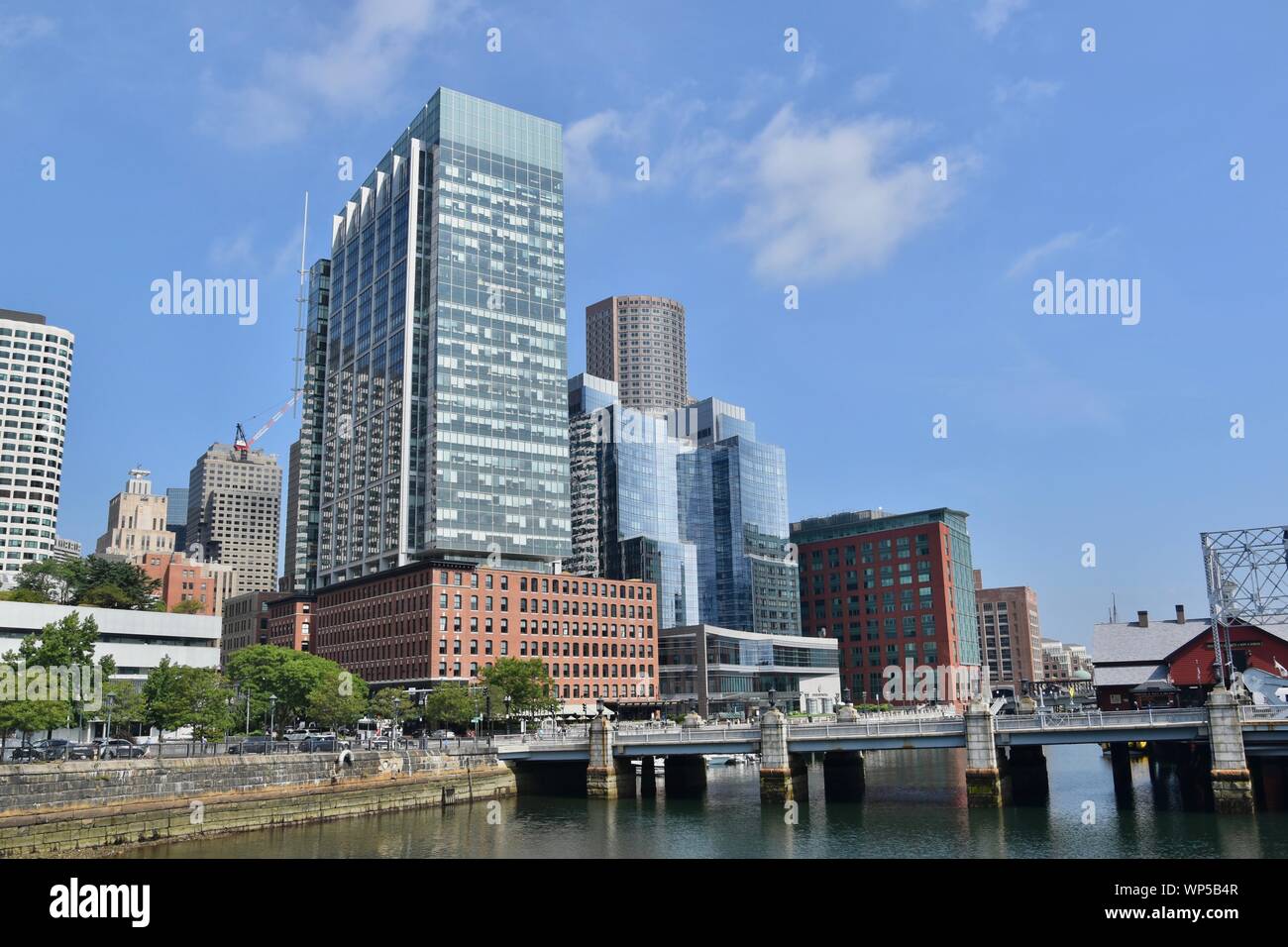View of the downtown Boston skyline seen from across the the Fort Point ...
