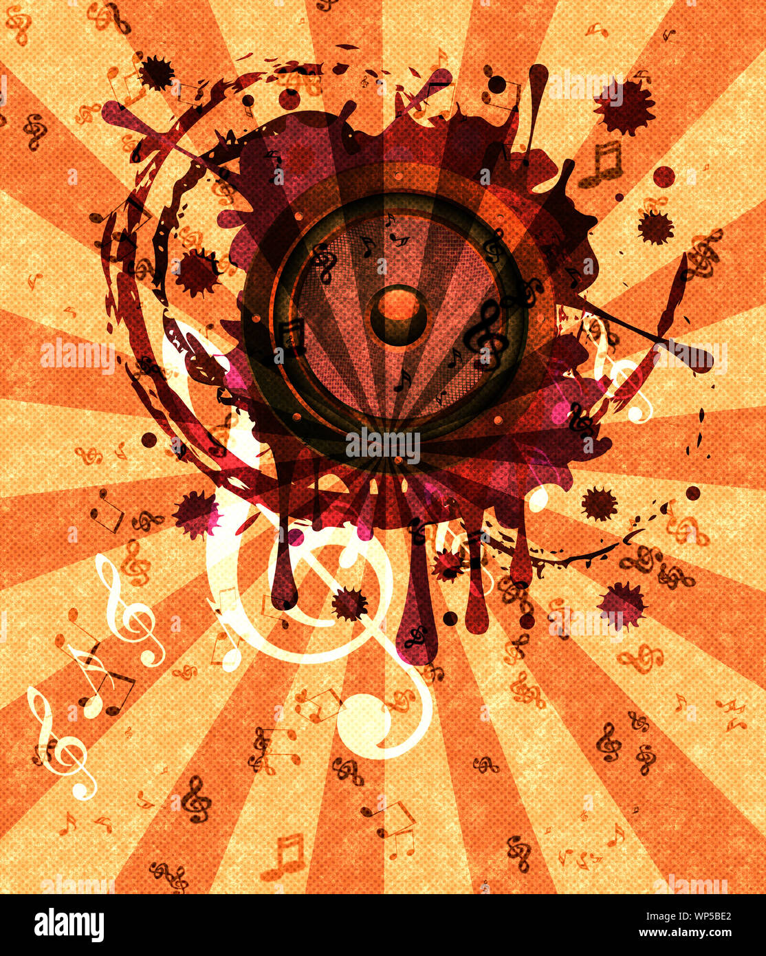 Musical sound loudspeaker grunge paint splatters and texture with ...