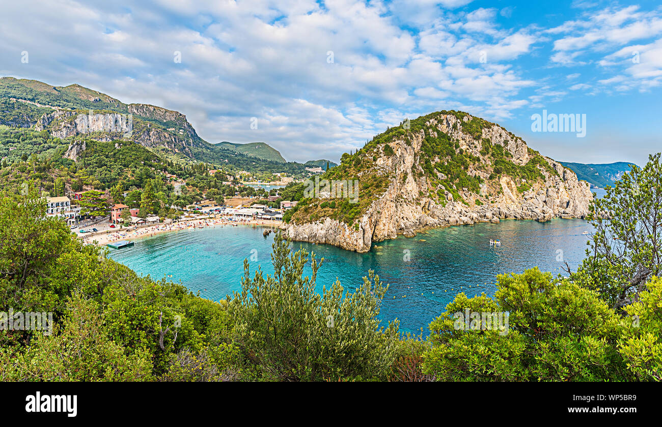 Panoramic view of Paleokastritsa bay, Corfu island, Greece Stock Photo ...