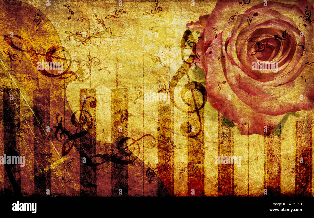 Vintage grunge background with rose and music notes Stock Photo - Alamy