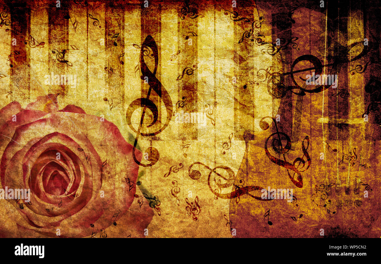 Vintage grunge background with rose and music notes Stock Photo - Alamy