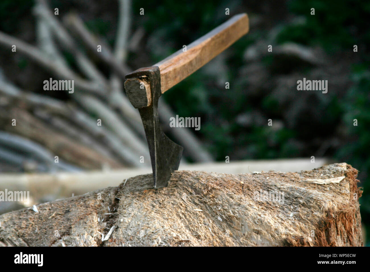 Woodcutting ax stuck in a log Stock Photo - Alamy