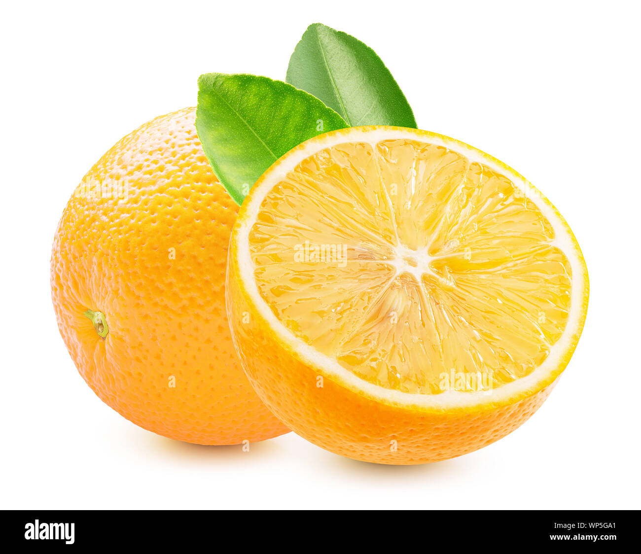 lemon with half of lemon and leaves isolated on a white background ...