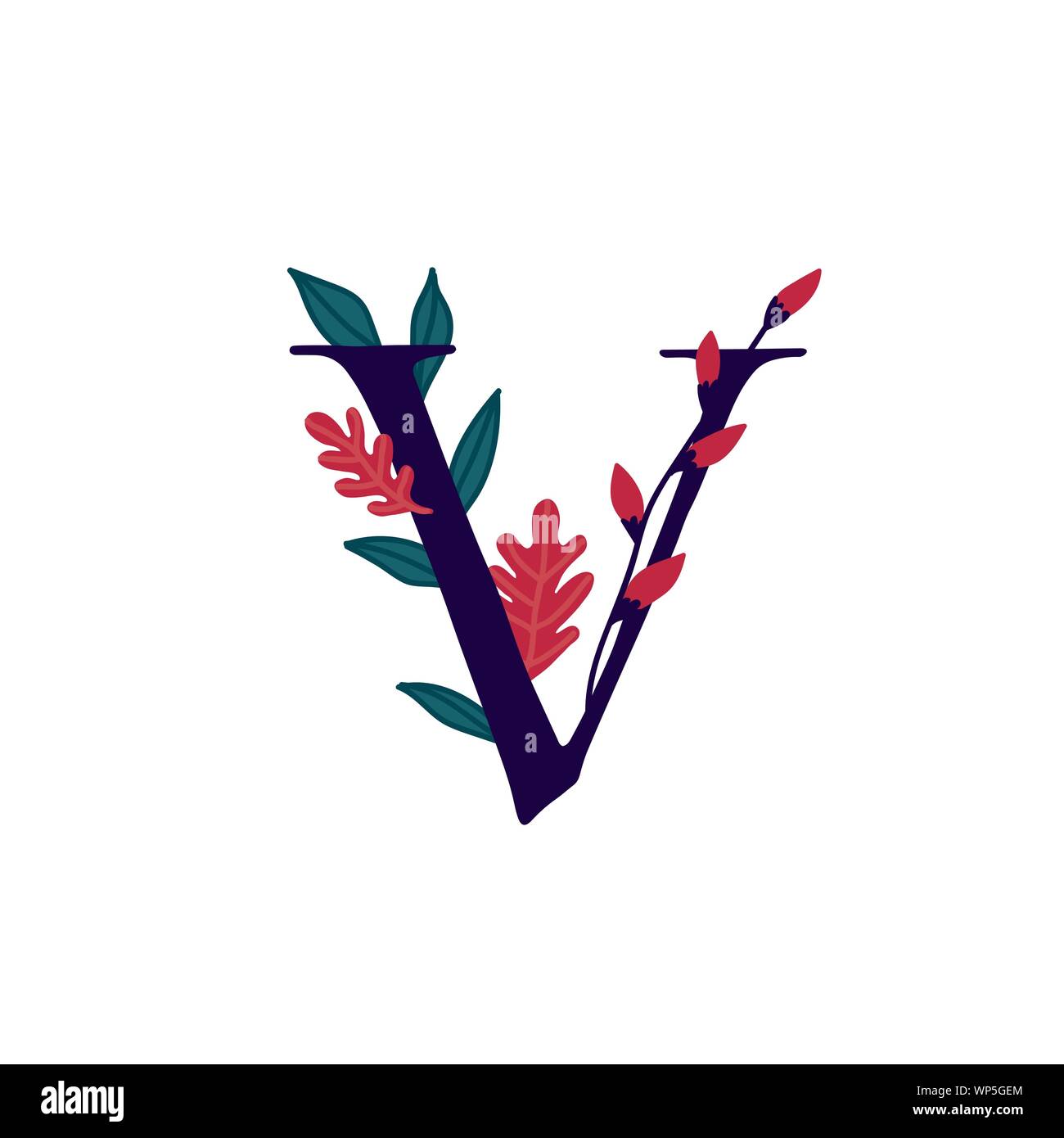 Latin letter V in flowers and plants. Vector. Letter in decorative ...