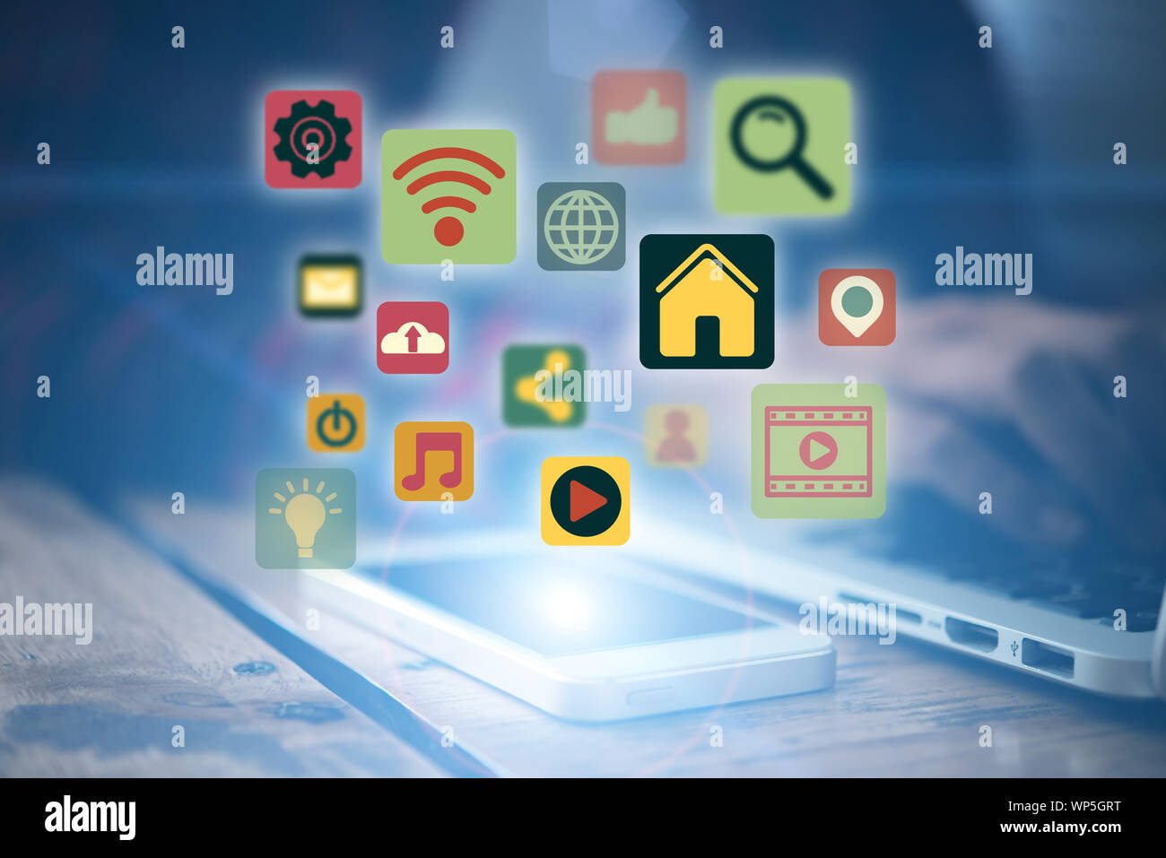 Smartphone with network and communication flat icons. Technology ...