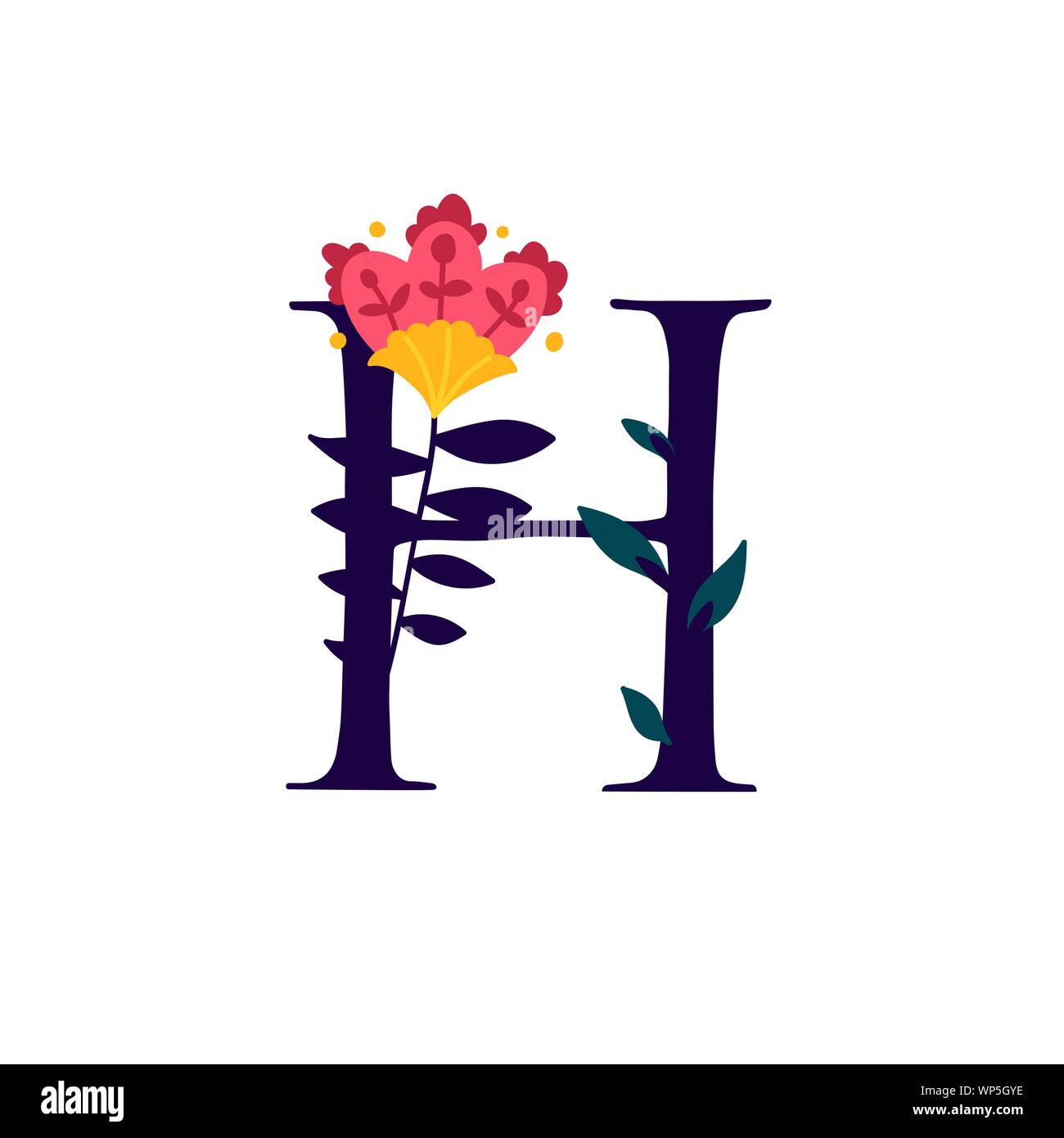 Latin letter H in flowers and plants. Vector. Letter in decorative ...