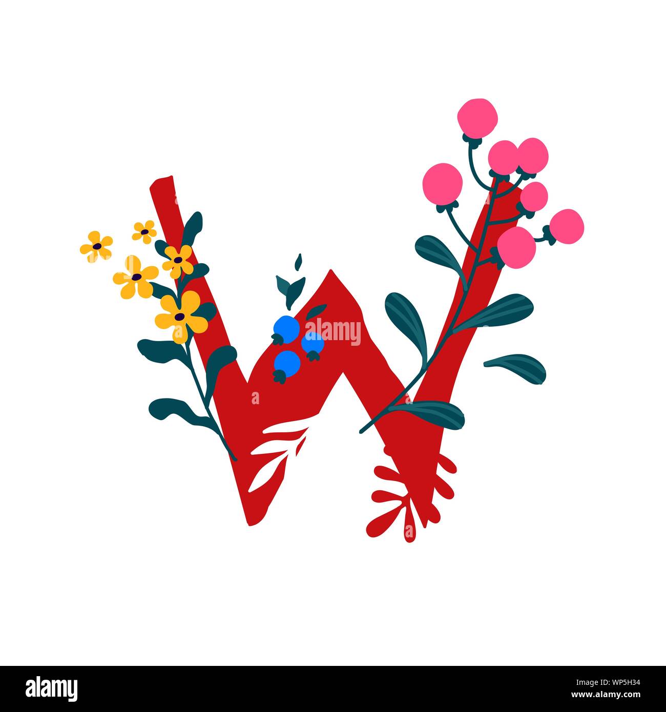 Latin letter W in flowers and plants. Vector. Letter in decorative ...