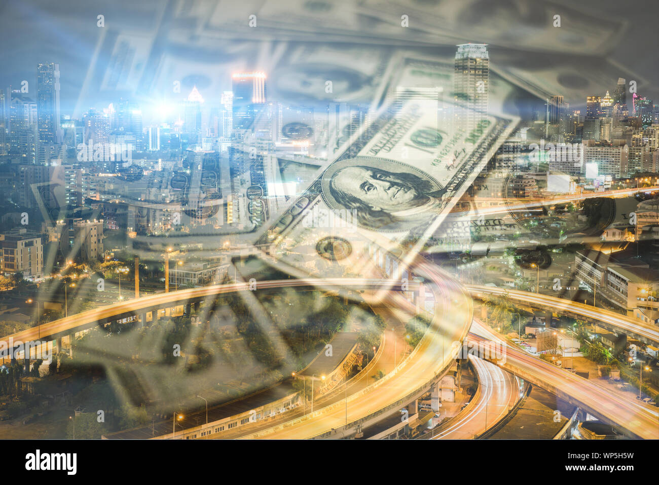 Double exposure of money with cityscape blurred building background ...