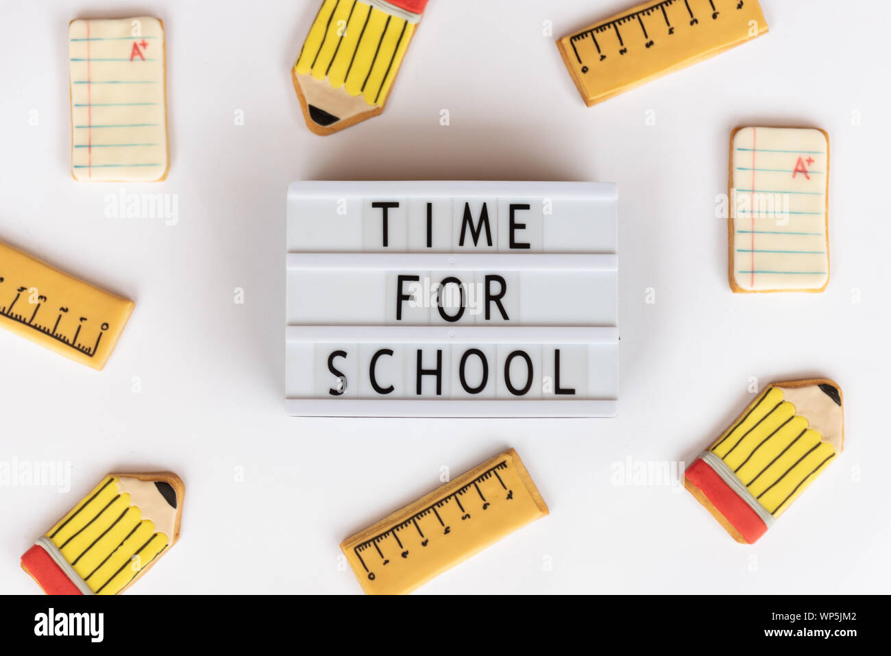 Back to school concept. The text time for school in a lightbox, on a ...
