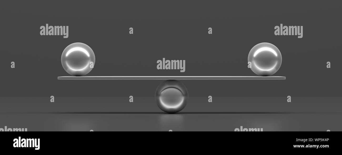 Balance, teamwork concept. Silver balls balanced on a scale beam ...