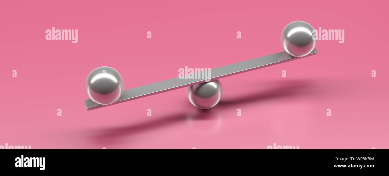 Balance, teamwork concept. Silver balls balanced on a scale beam ...