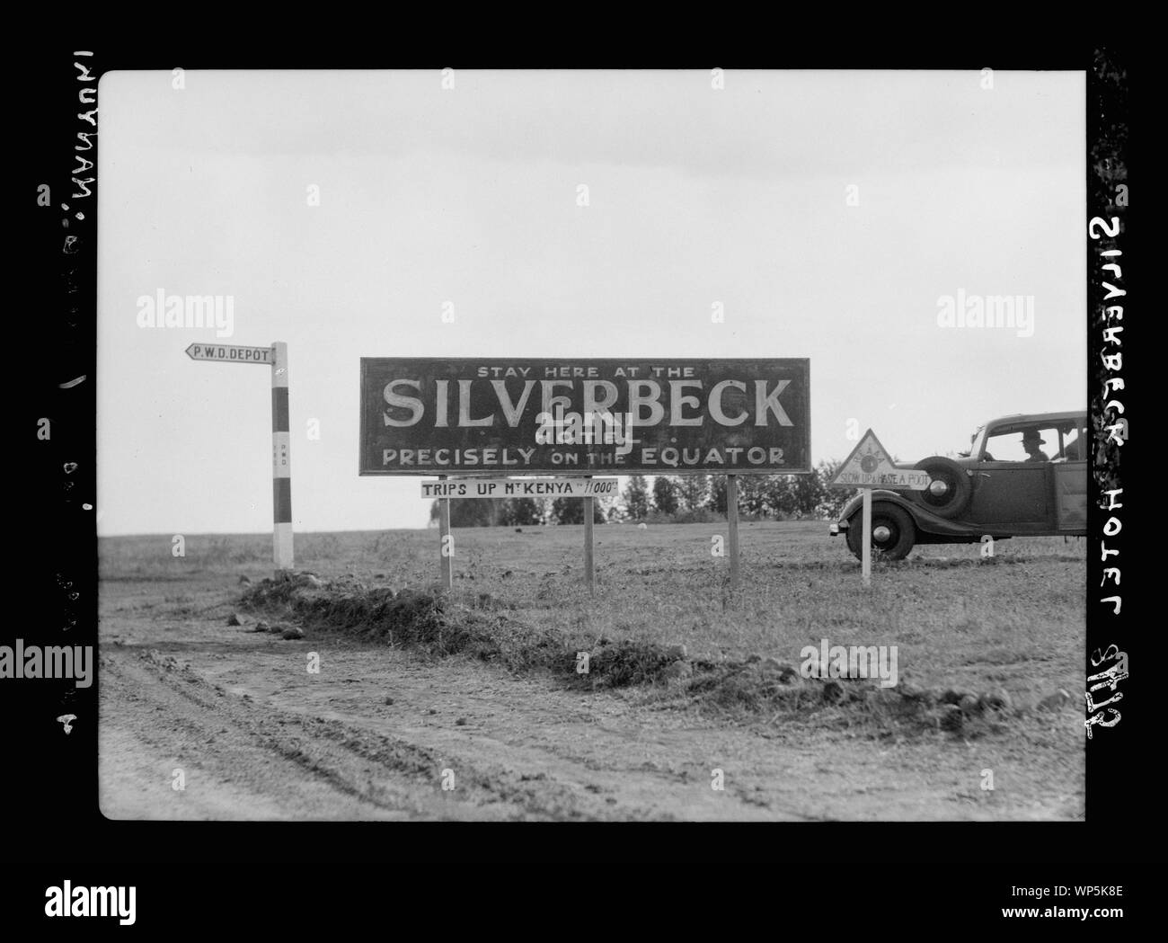 Kenya Colony. Nanyuki District. Sign board precisely on the equator ...