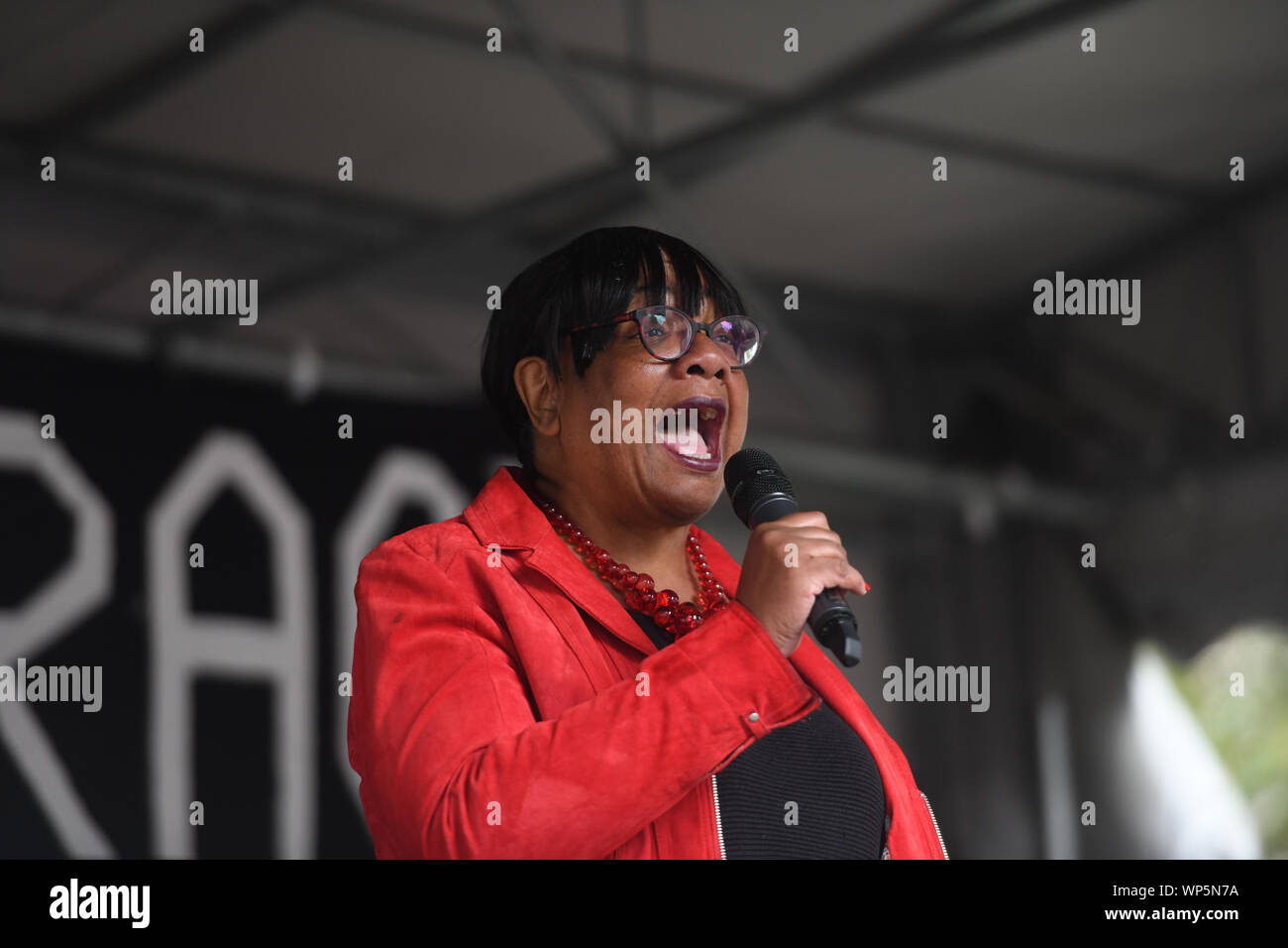 Shadow home secretary Diane Abbott speaks on stage in Whitehall, while ...