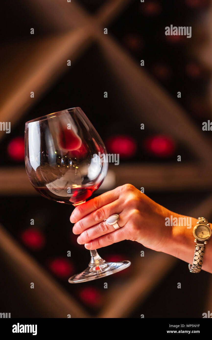 Toasting a wine glass in a wine cellar Stock Photo - Alamy