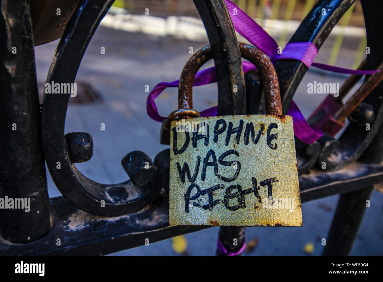 Padlock on railing at the Victory monument, Valletta. Calling for ...