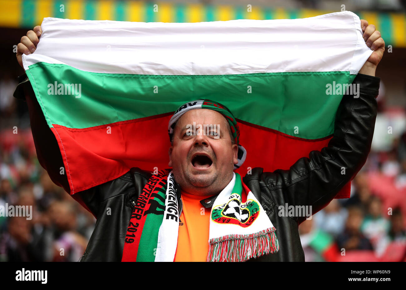 A Bulgaria fan shows his support in the stands during the Euro 2020 ...