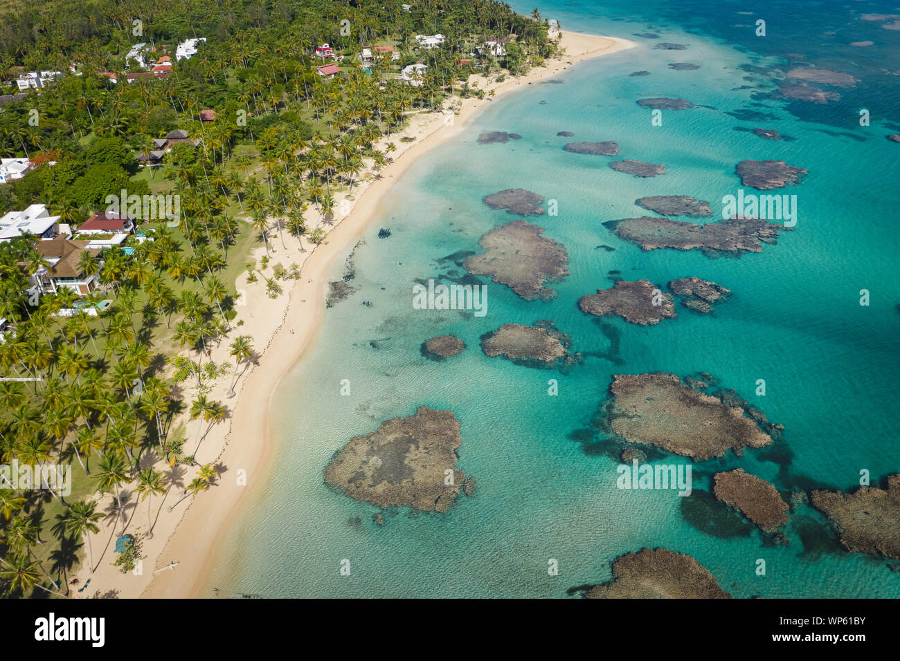 Aerial view of tropical beach.Samana peninsula,Bahia Principe beach ...