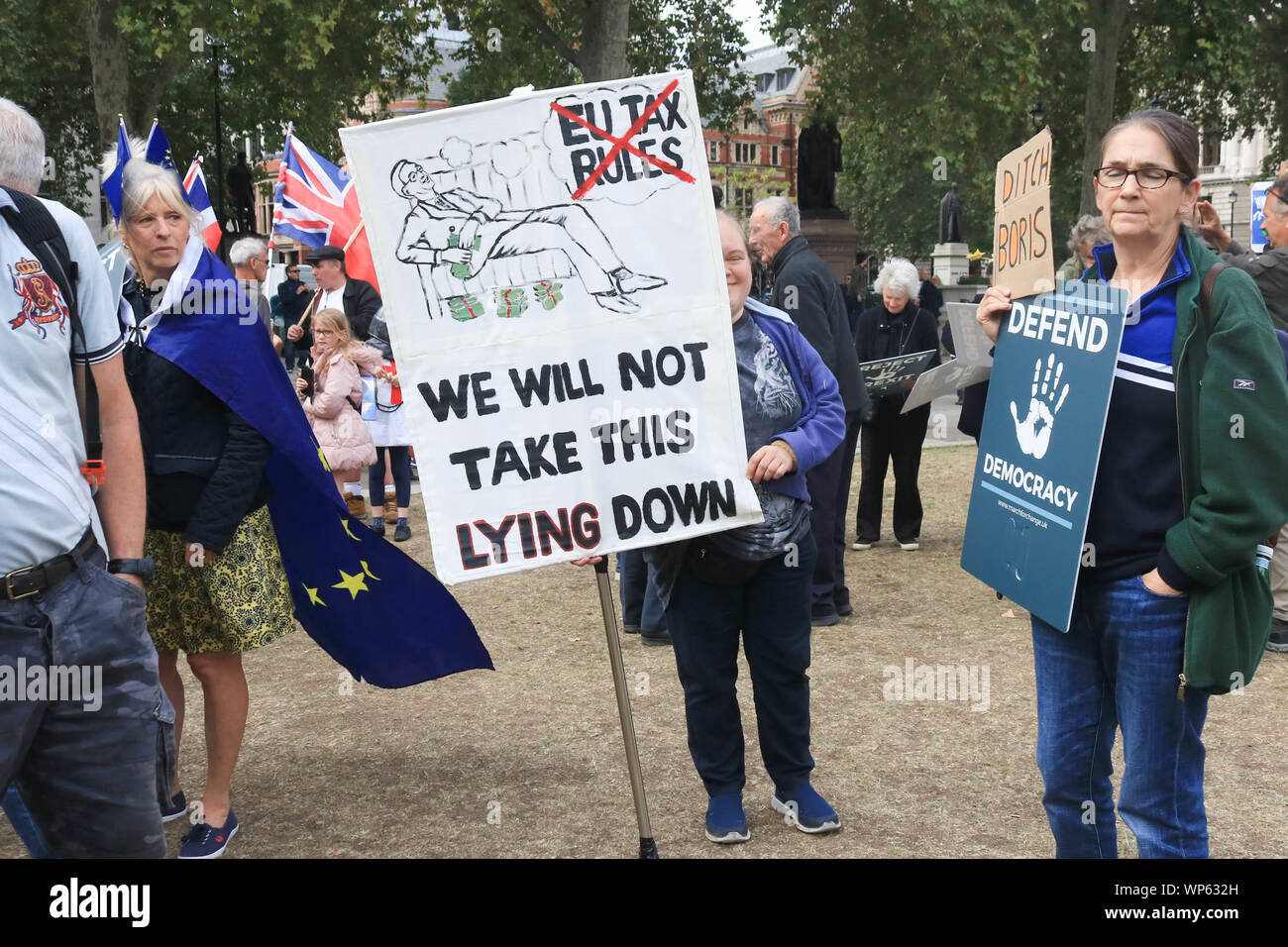 London UK. 7th September 2019. Pro remain protesters campainging to ...