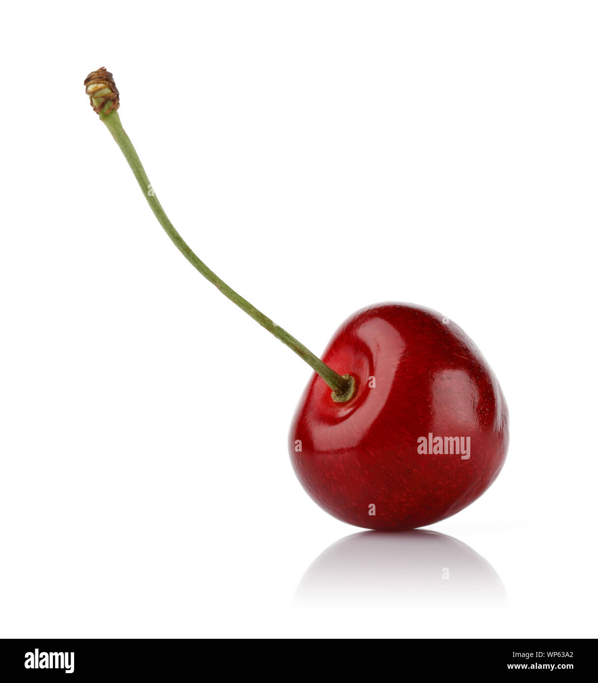 Single red cherry with stalk isolated on white background Stock Photo ...