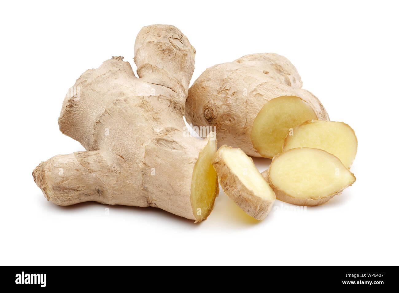 Fresh ginger root with slices isolated on white background Stock Photo ...