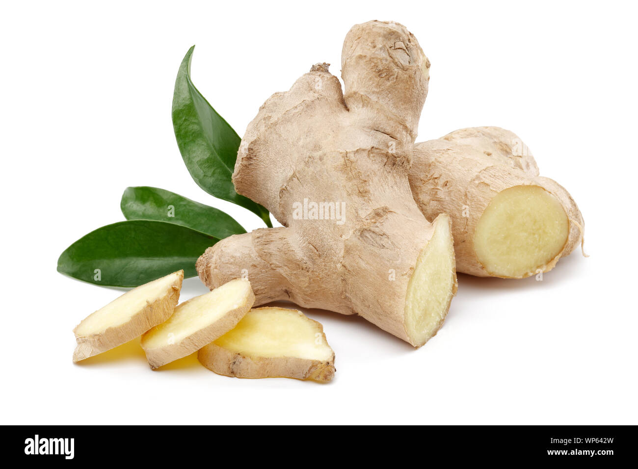 Fresh ginger root with slices and leaves isolated on white background ...
